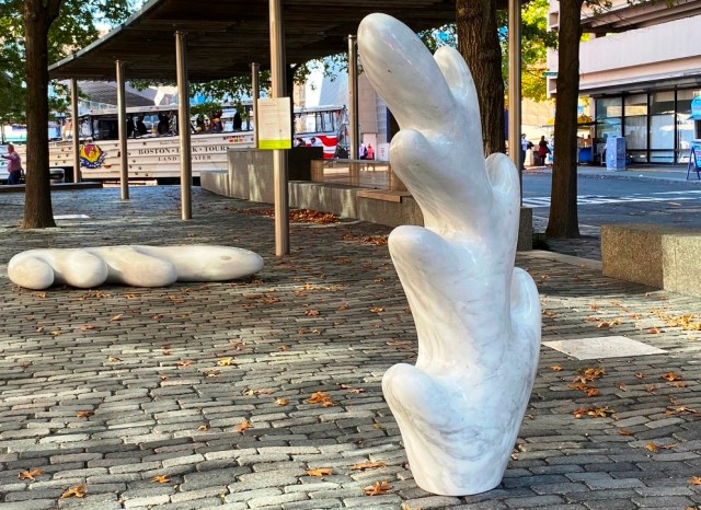 Large Marble Leaves by Claudia Comte Shine beneath Tall Oak Trees in ...